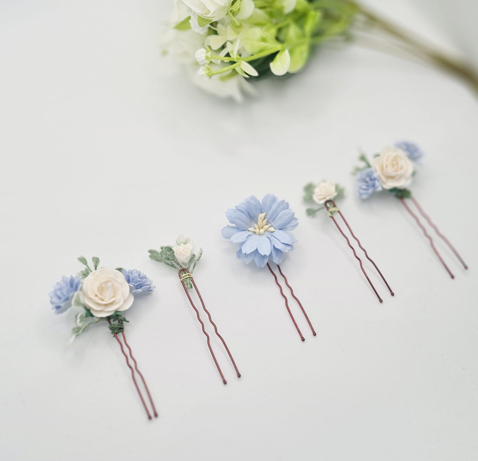 Blue And Ivory Foliage Hair Pins